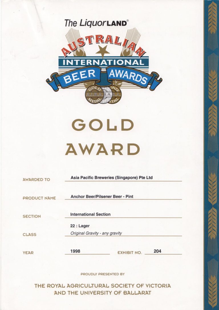 Anchor Beer/Pilsener Beer (Pint) Gold Award, Australian International ...